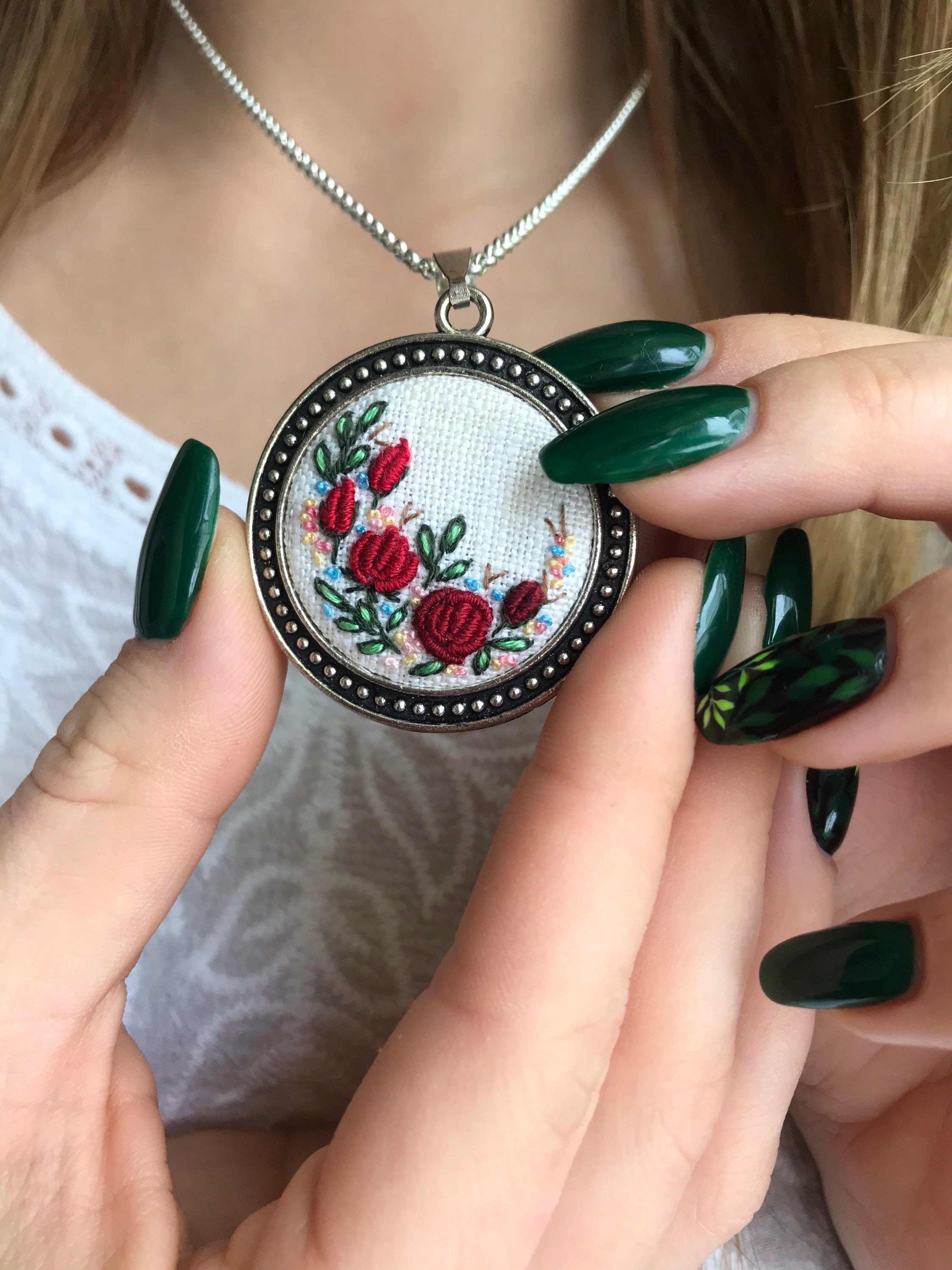 Floral embroidered necklace embroidery pendant needlework | Etsy