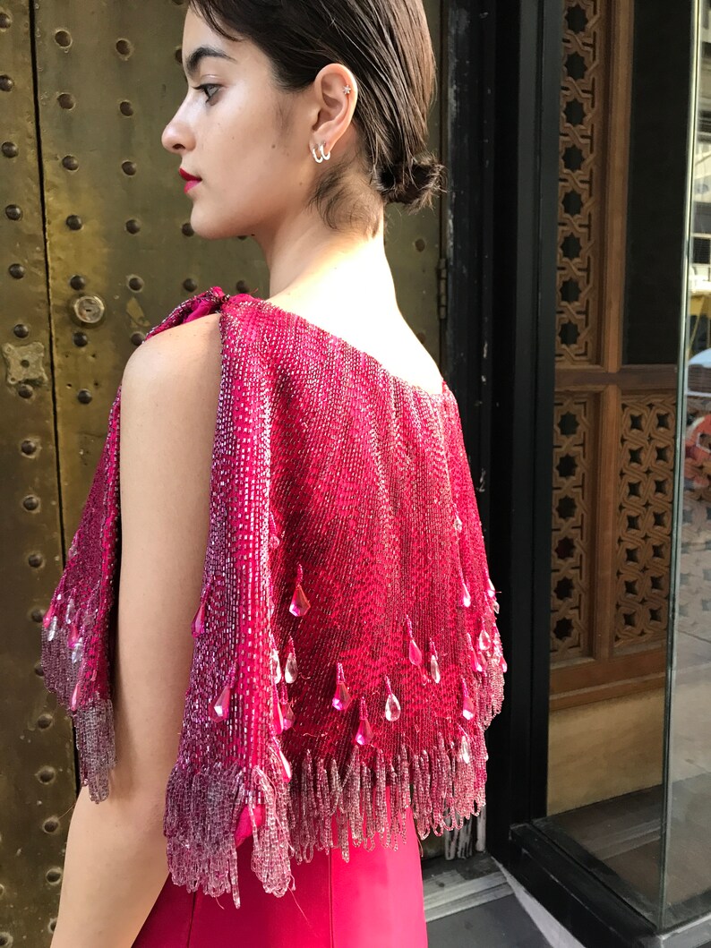 60s Rare Gown by Simonetta Et Fabiani. a Couture Fuchsia Gown With Beaded Split Sleeves, Shawl ...
