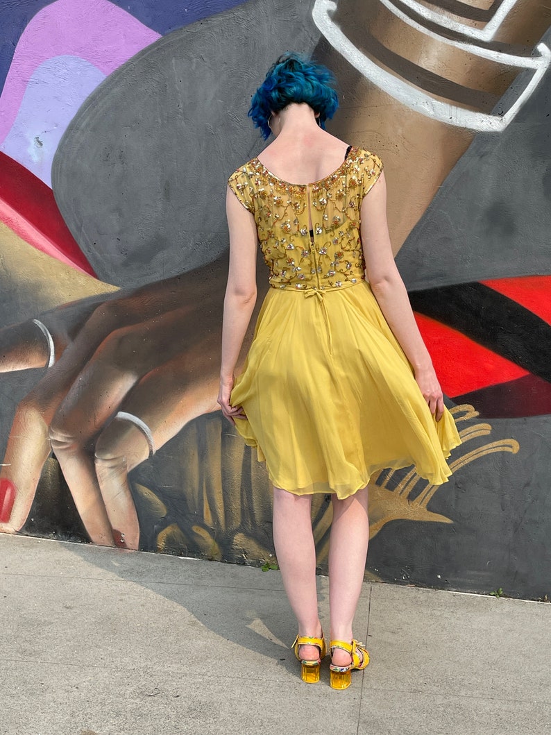 60s Yellow Chiffon Dress With Sequins on Top. Dress by Mollie - Etsy