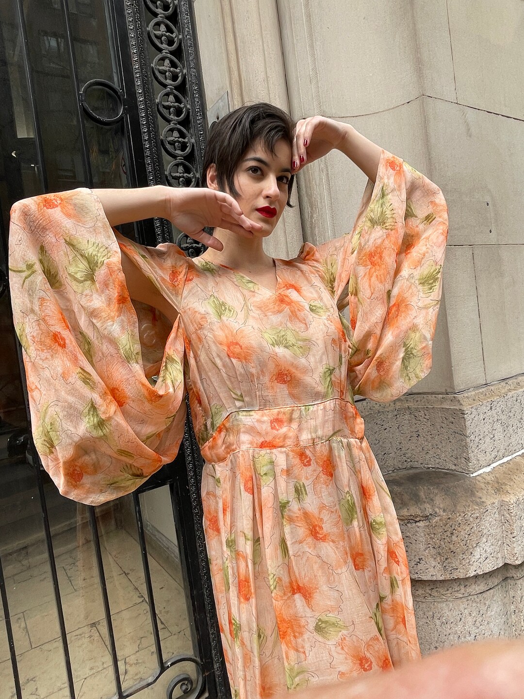 60s Peach Colored Chiffon Gown W/ Pink Flowers and Green Leaf Pattern ...