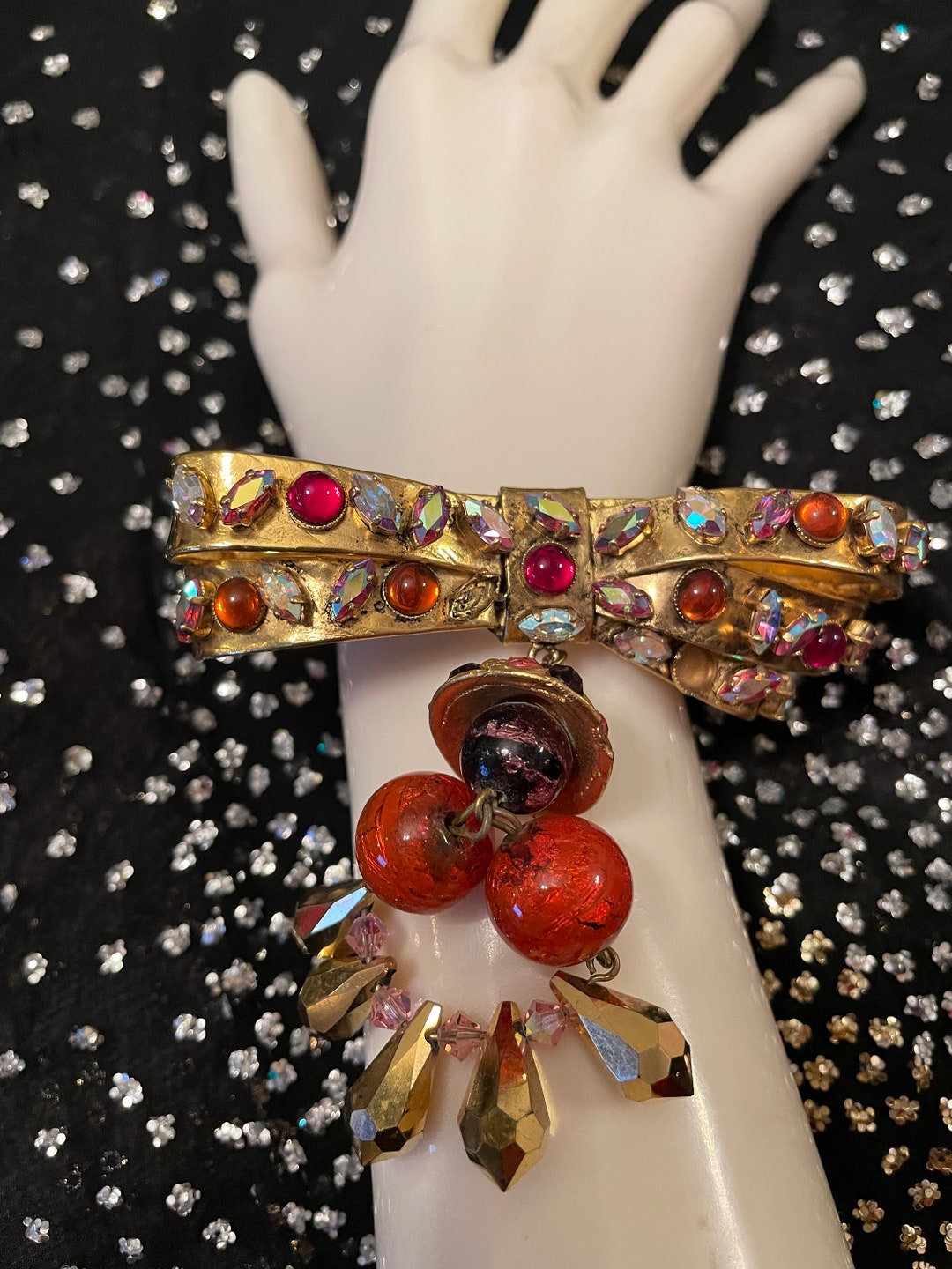 90s Large Bow Bracelet. Rare Runway Gold Metal Bow With Red, Orange and ...