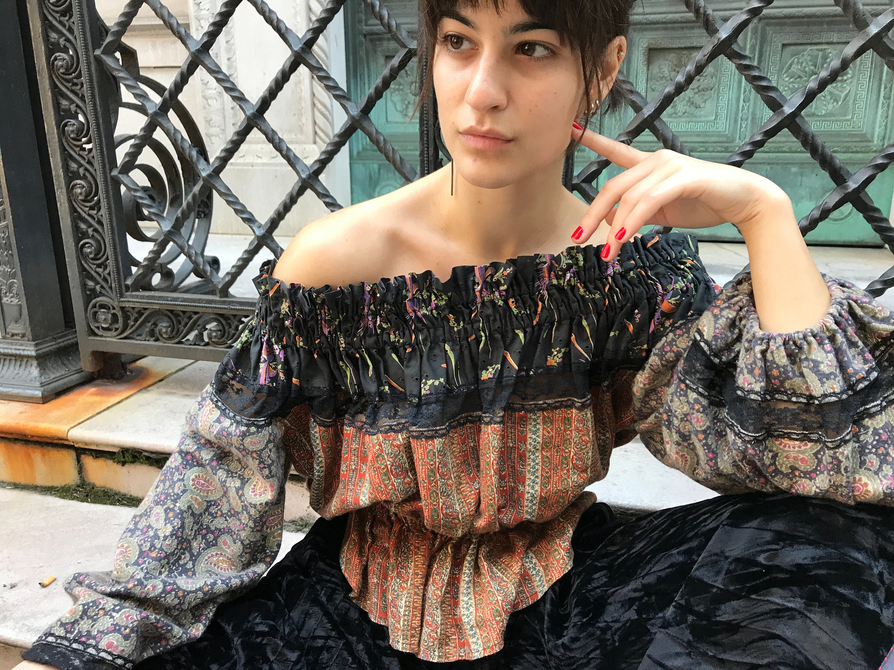 70's Black Koos Couture Top+skirt, Black Velvet Skirt Layered W/ Velvet ...