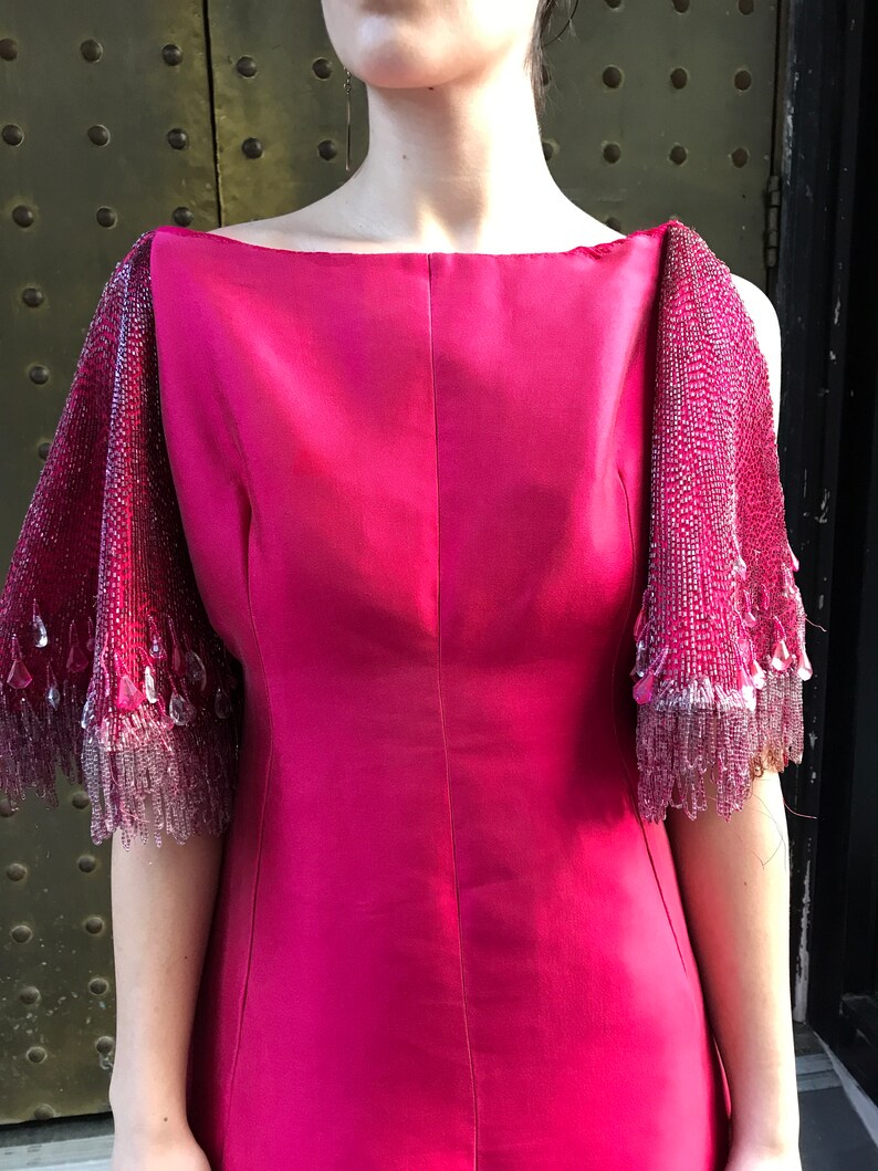 60s Rare Gown by Simonetta Et Fabiani. a Couture Fuchsia Gown With Beaded Split Sleeves, Shawl ...