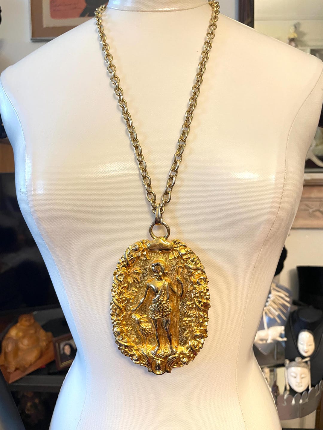 70s Judith Leiber Gold Tone Necklace. Chunky Ornate Shepherd Lamb Rose ...