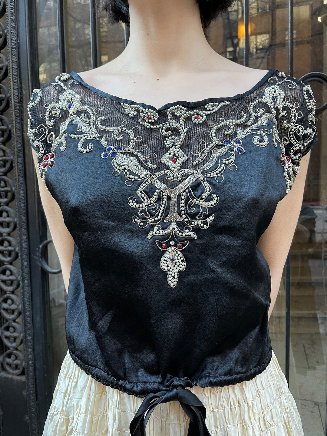20s Silk Satin Black Top. Bejeweled Short Sleeve Top, Faux Pearls and ...
