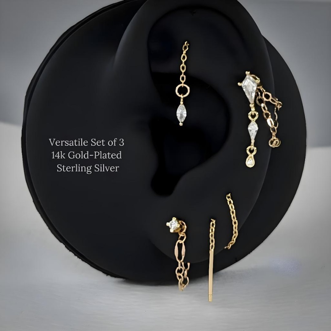 Set of 3 Earrings Stack Chain Curated Ear Minimal Multi-piercing for ...
