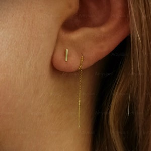Gold Chain Earring Double Piercing, Two Hole Earring, Minimal Bar ...