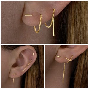 Thread Earrings, Pull Through Earring, Double Piercing Earring Chain, Ear Thread, Bar Threader ...