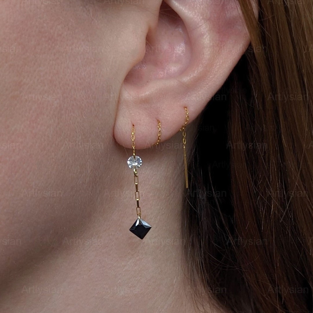 Lobe to Helix Chain, Cz Threader Earrings, Helix Chain Earrings, White ...