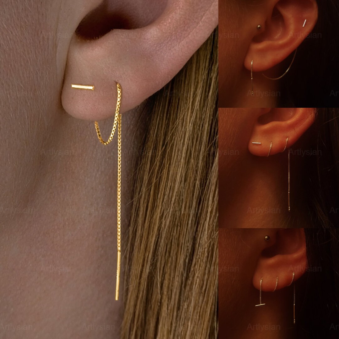 Threader Earring Gold, Chain Earring Double Piercing Earring Set ...