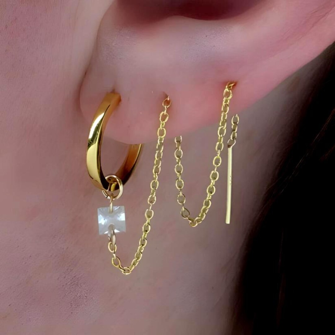 Gold Hoop Connected to Threader Earring for Multiple Piercings Hoop ...
