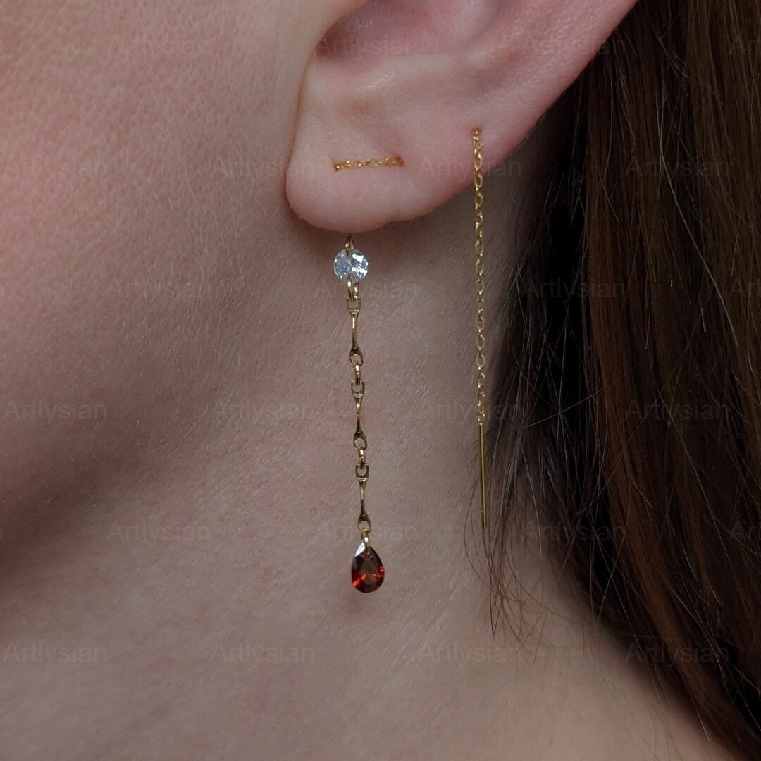 Threader Earrings With Stone, Multiple Piercing Earrings, Triple ...