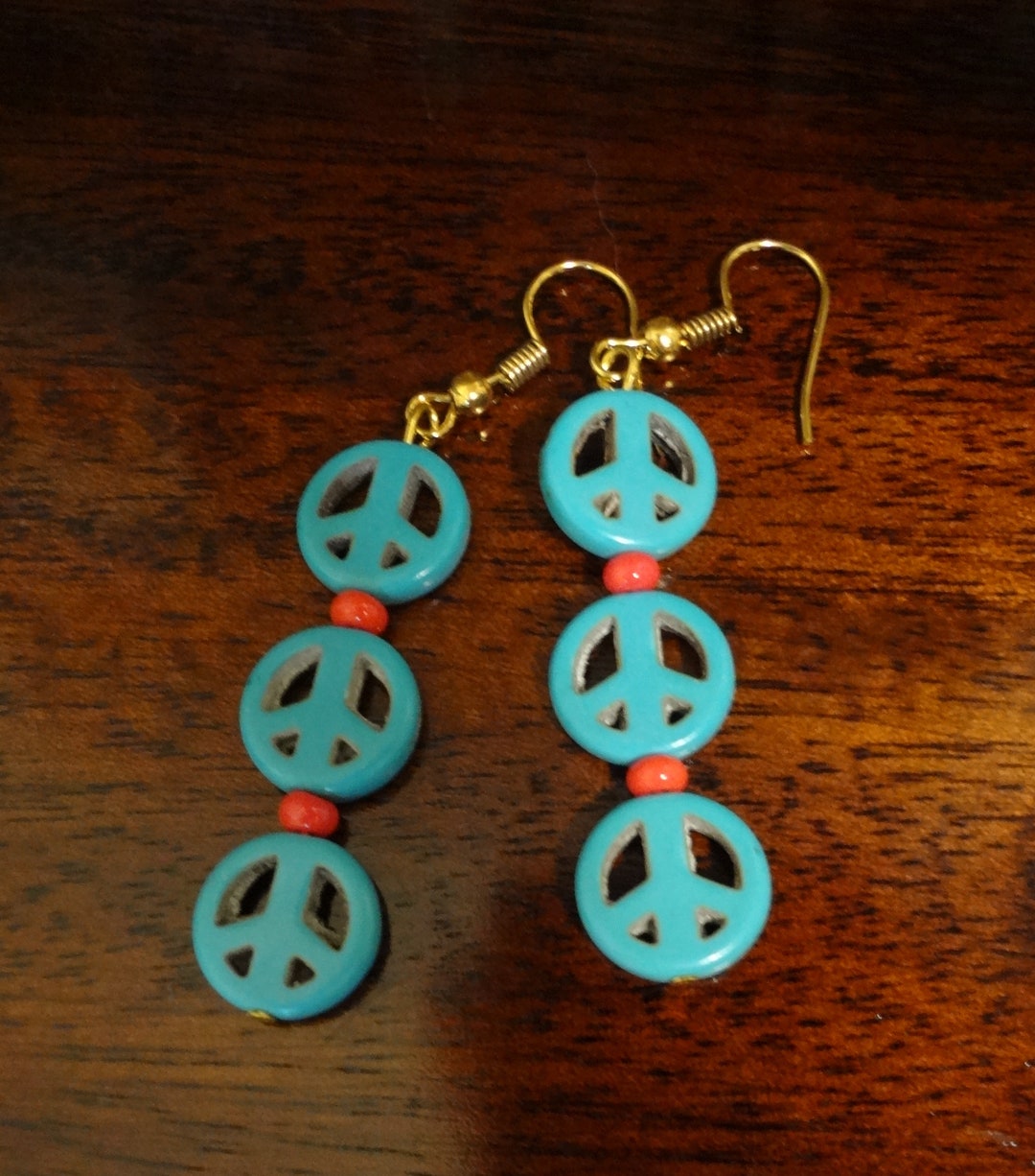 Peace Sign Earrings From Faux Turquoise and Red Glass Beads Nickel and ...