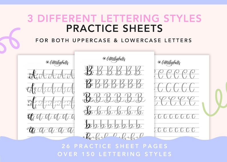 Calligraphy Worksheets: 3 Lettering Styles, Beginner Practice (digital ...