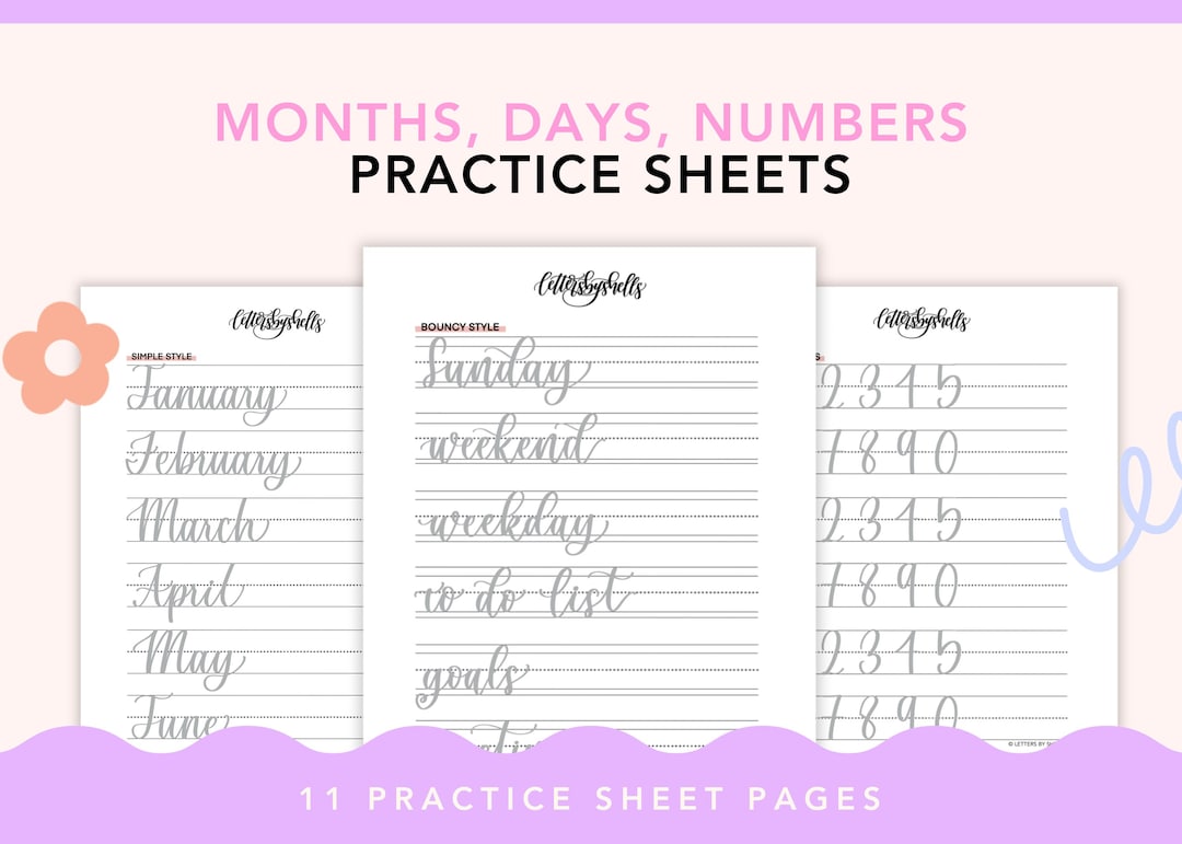 Months Days Numbers Practice Sheets, Worksheets, Printable Calligraphy ...