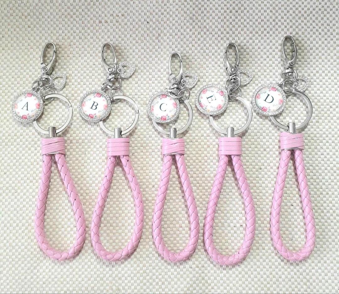 1 Letter Initial A to Z Keychain Keyrings With Pink Braided PU Leather ...