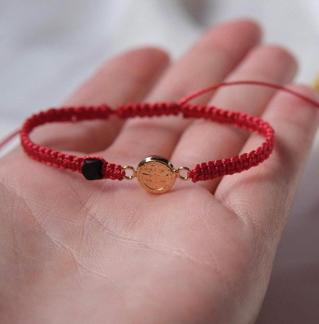 Red Thread Bracelet Jet & Laminated Gold Saint Benedict Medal ...