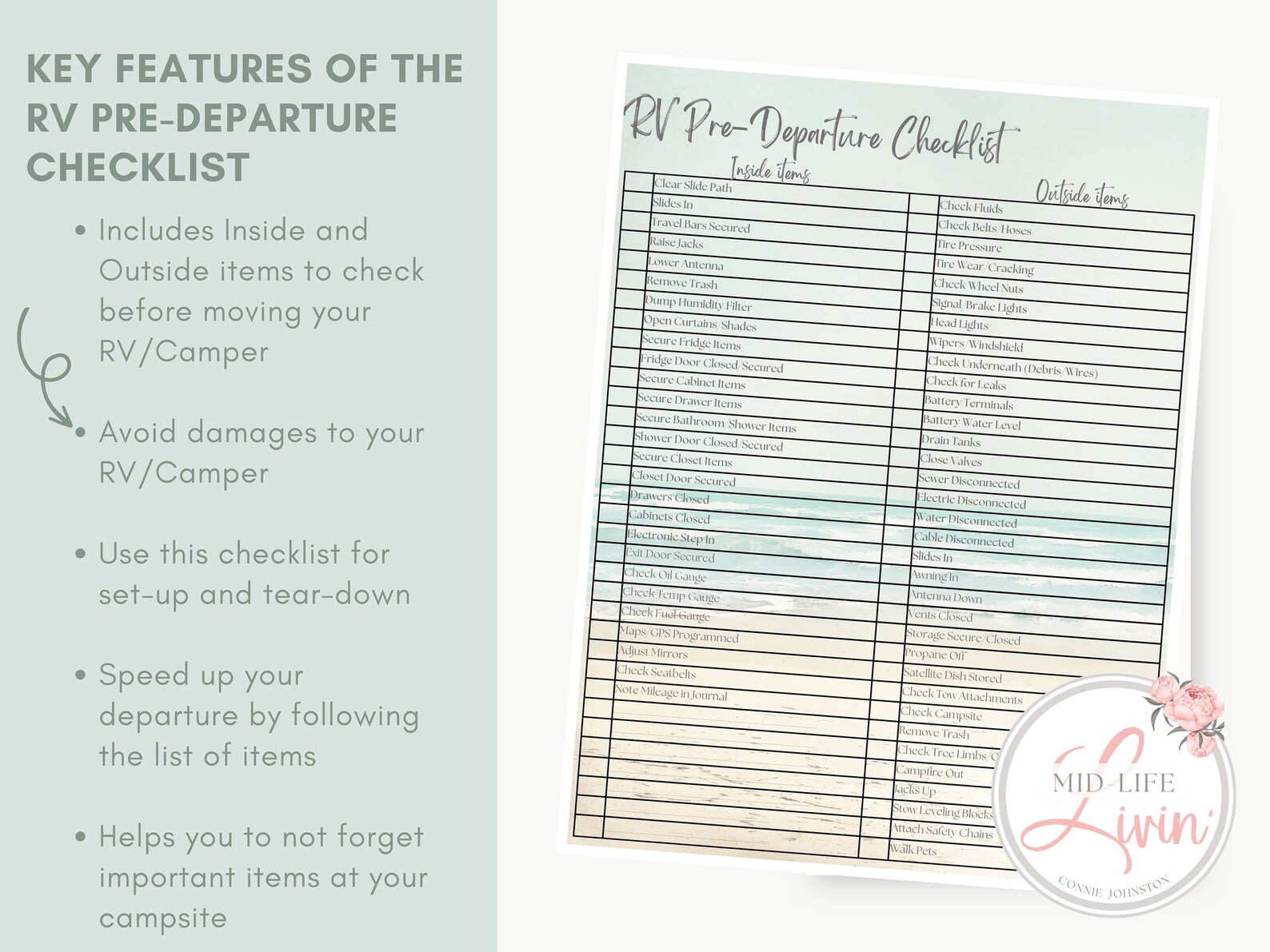 Rv/camper Pre-departure Checklist Beach Theme RV Camping Trip Checklist ...