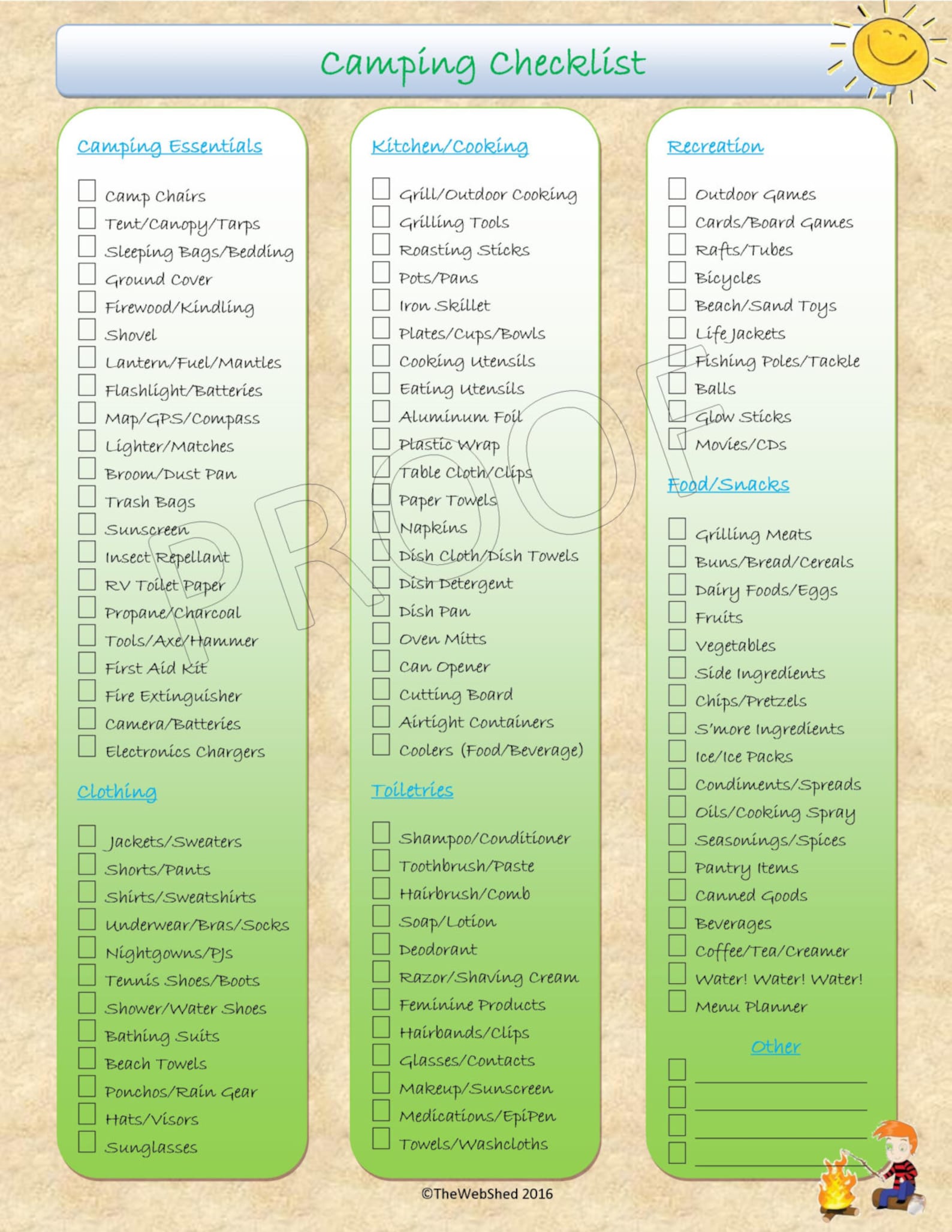 Camping Checklist - Outdoor/camping Theme Printable - Great for Rvers ...
