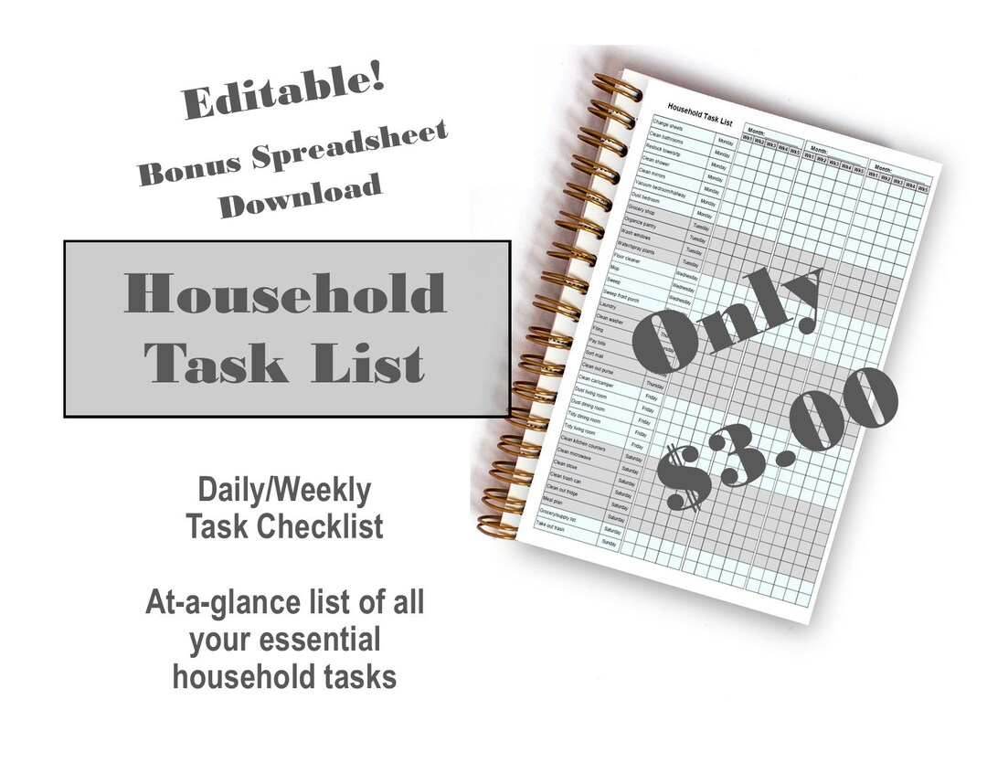 Editable Household Task List - Daily Weekly Chore Checklist - Housework ...