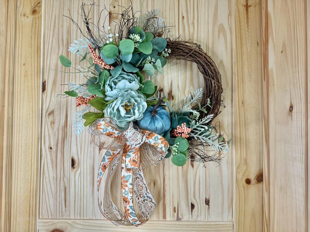 Trendy Teal Fall Wreath for Front Door Teal Peonies Pumpkin Burnt ...