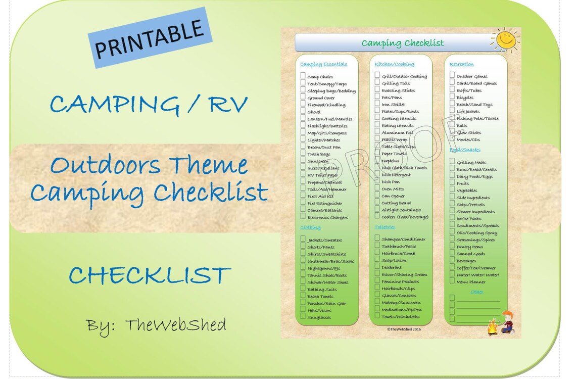 Camping Checklist - Outdoor/camping Theme Printable - Great for Rvers ...