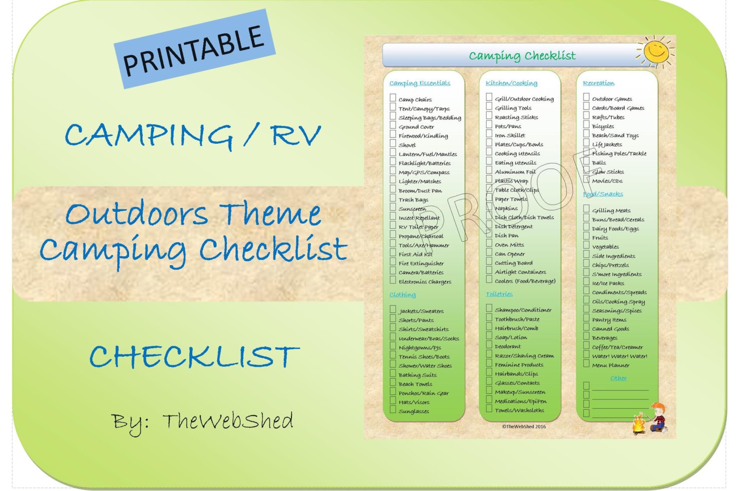 Camping Checklist - Outdoor/camping Theme Printable - Great for Rvers ...