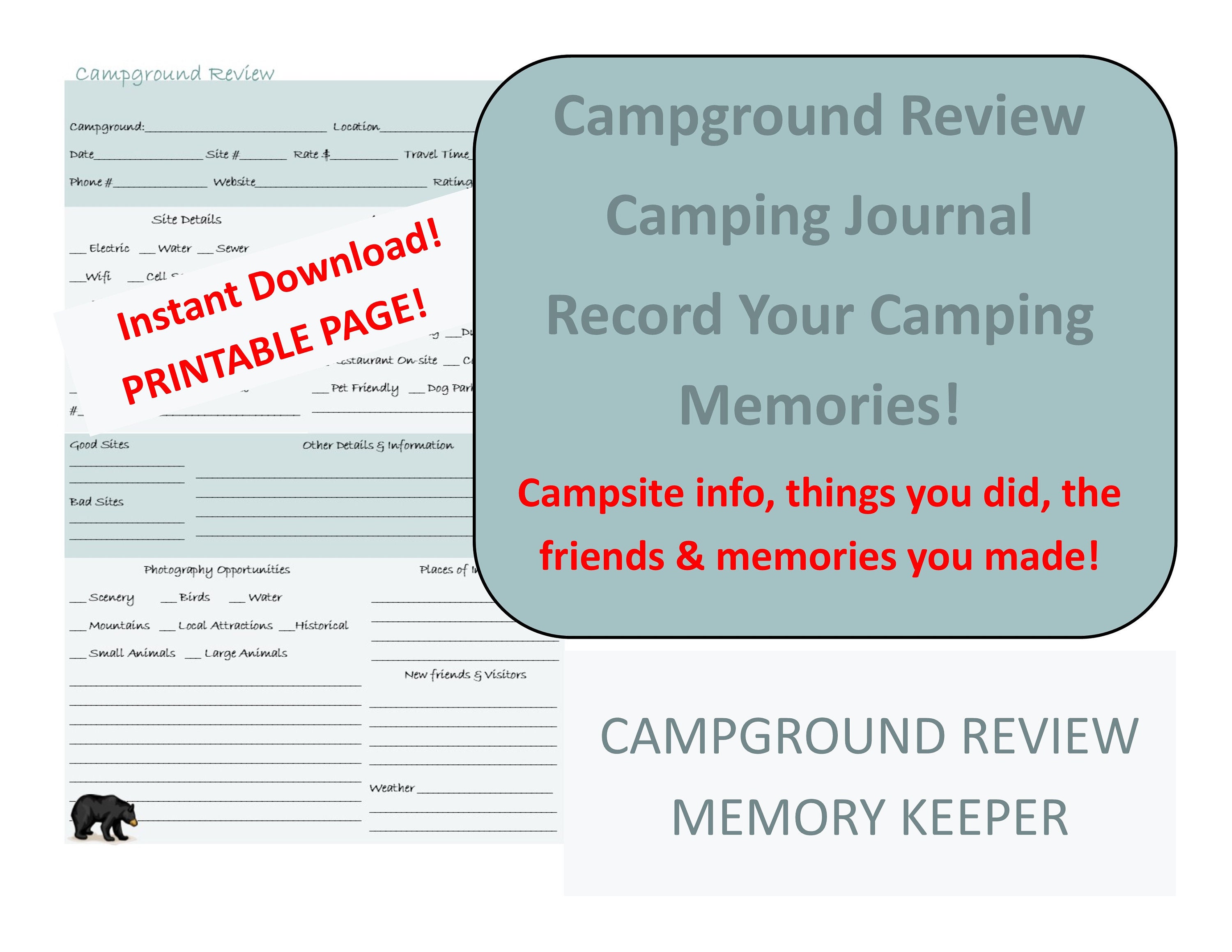 Campground Journal Printable Page Camping Journal Camping Log Campsite ...