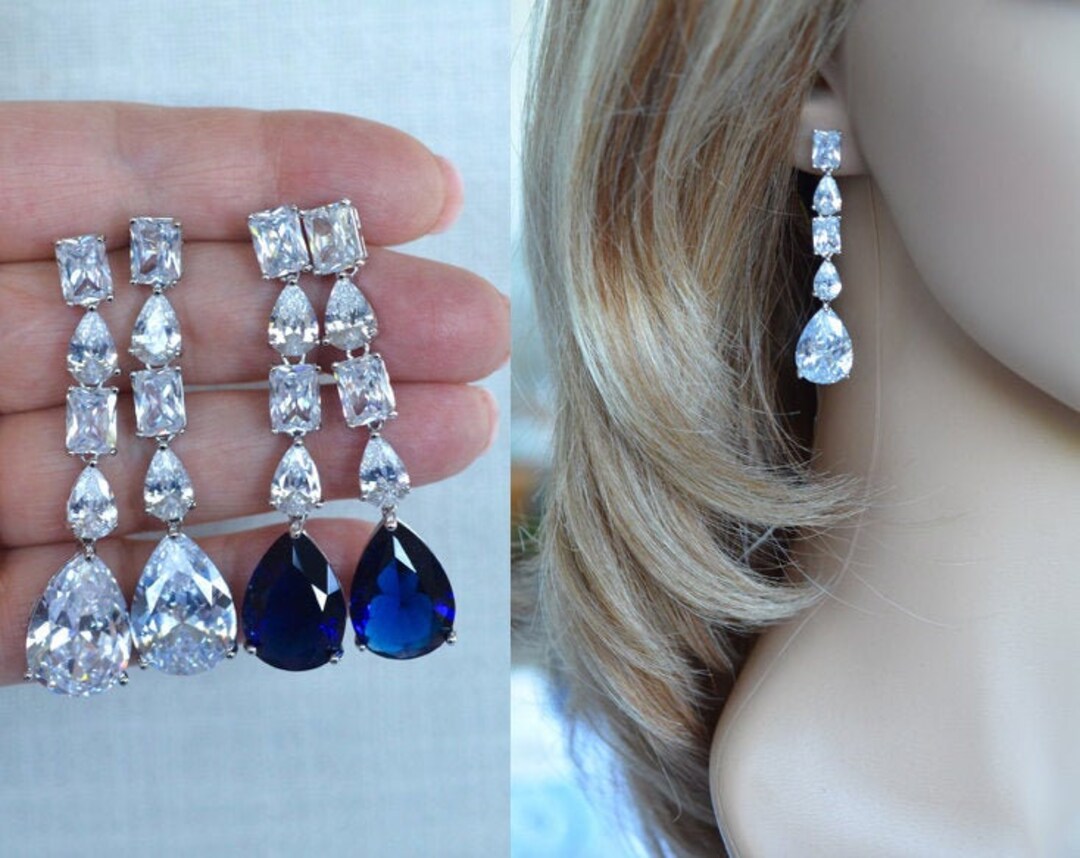 Dramatic Luxe Multi Stone Long Cubic Zirconia CZ Clear or Sapphire ...