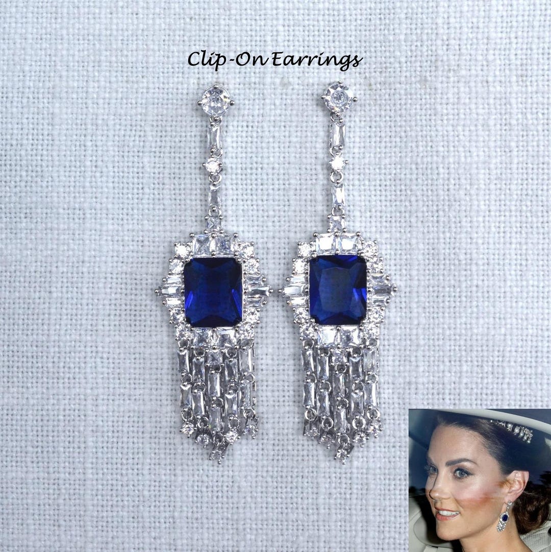 Catherine Princess of Wales Replica Clip-on Sapphire Blue Fringe CZ ...