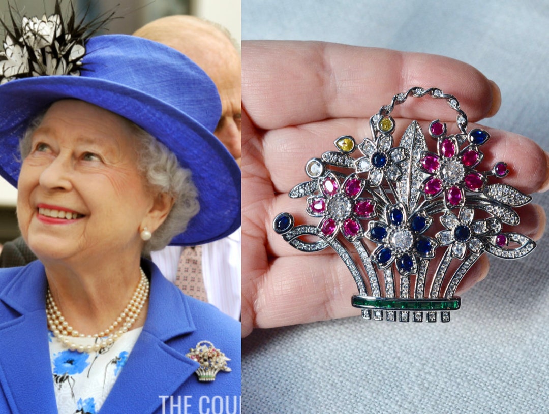 Royalty Replica Queen Elizabeth II Flower Basket Brooch CZ & Freshwater ...