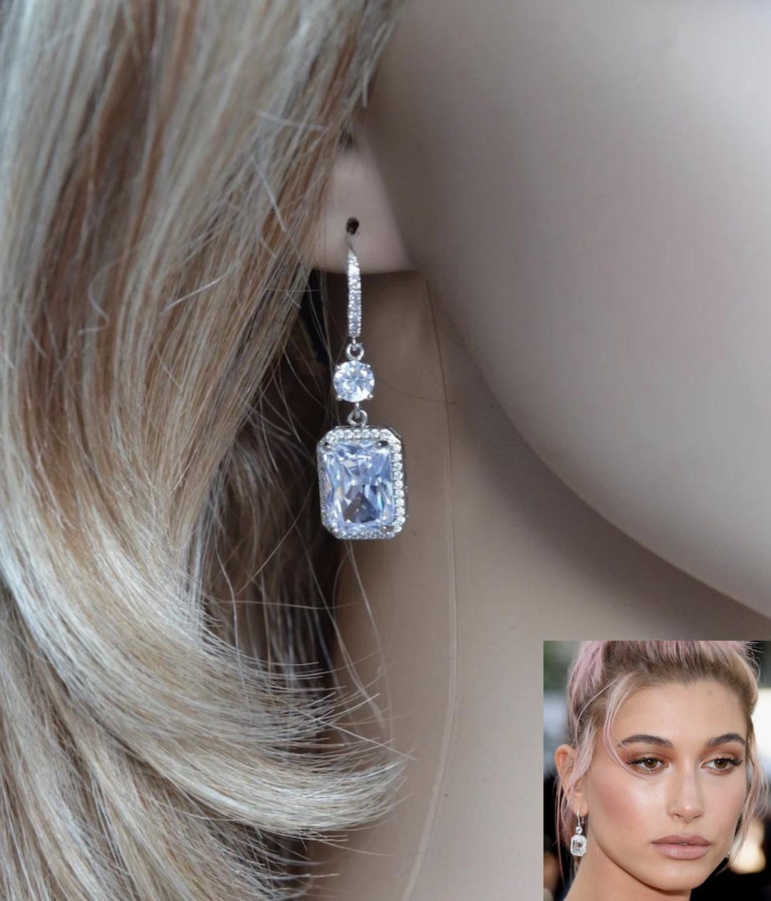 Hailey Bieber Inspired Emerald Cut Halo and Round Brilliant Cut CZ ...