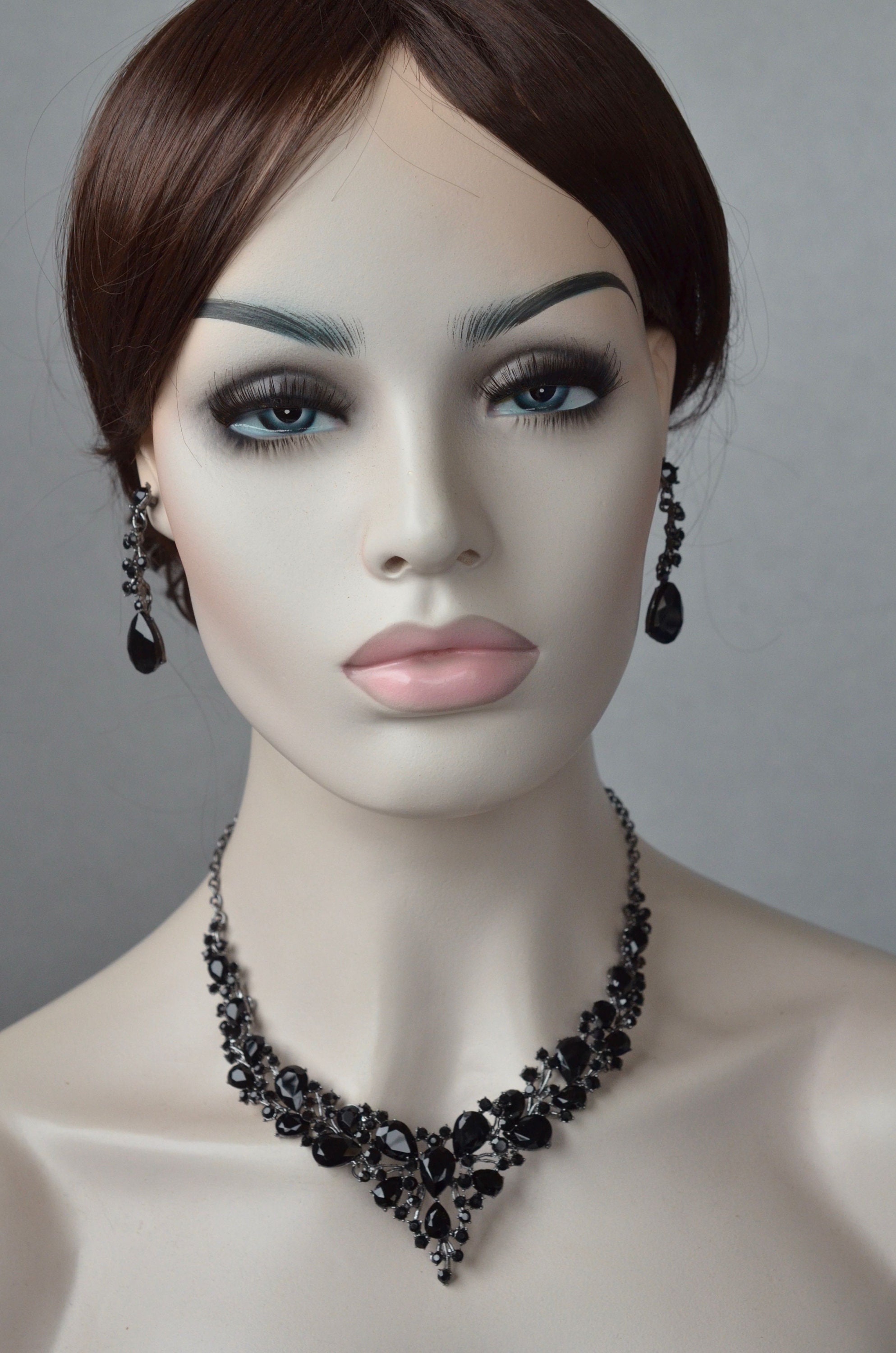 Jet Black Crystal Rhinestone Statement Necklace and Earring Set ...