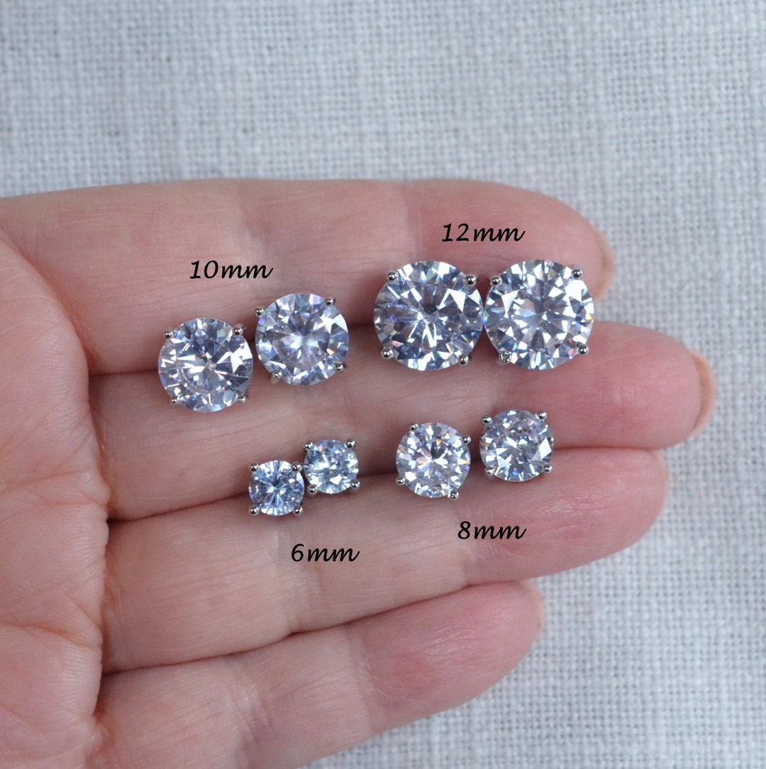 Set of All Sizes or Pair of CZ Stud Earrings 12/10/8/6mm Brilliant Cut ...