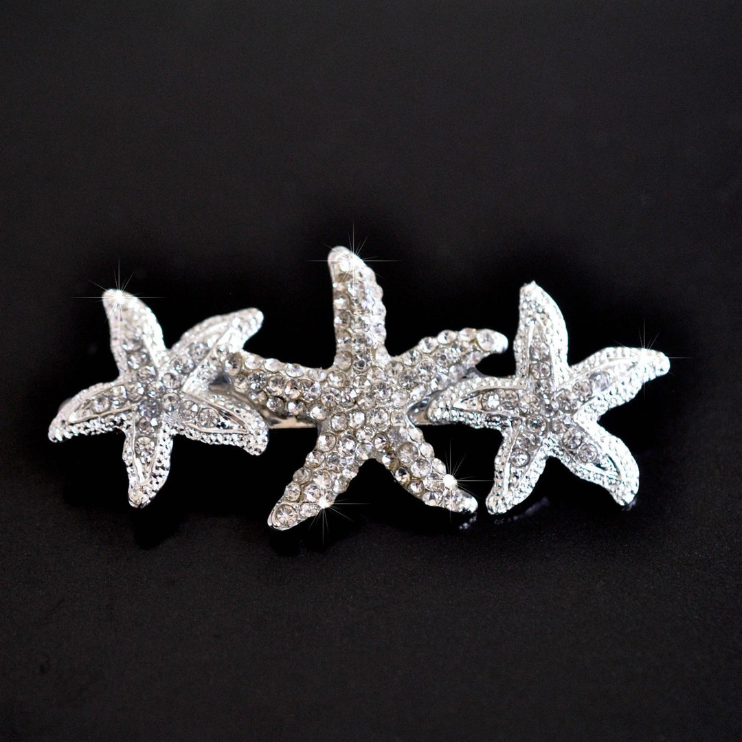 Crystal Rhinestone Triple Starfish Silvertone Hair Barrette, Bridal ...