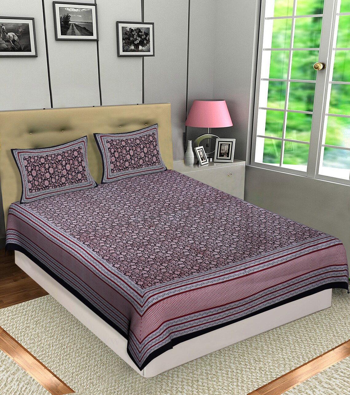 Cotton Floral Printed Bordered Bed Sheet Bed Cover With Two Pillow ...