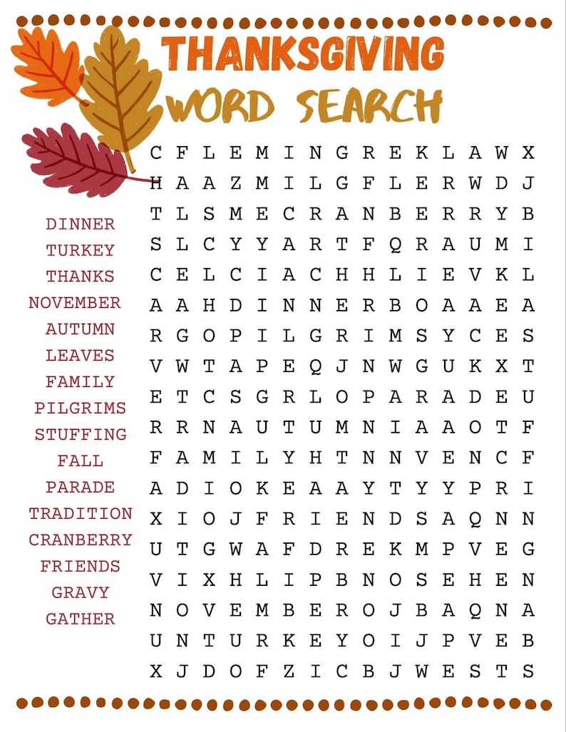 Thanksgiving Word Search - Etsy