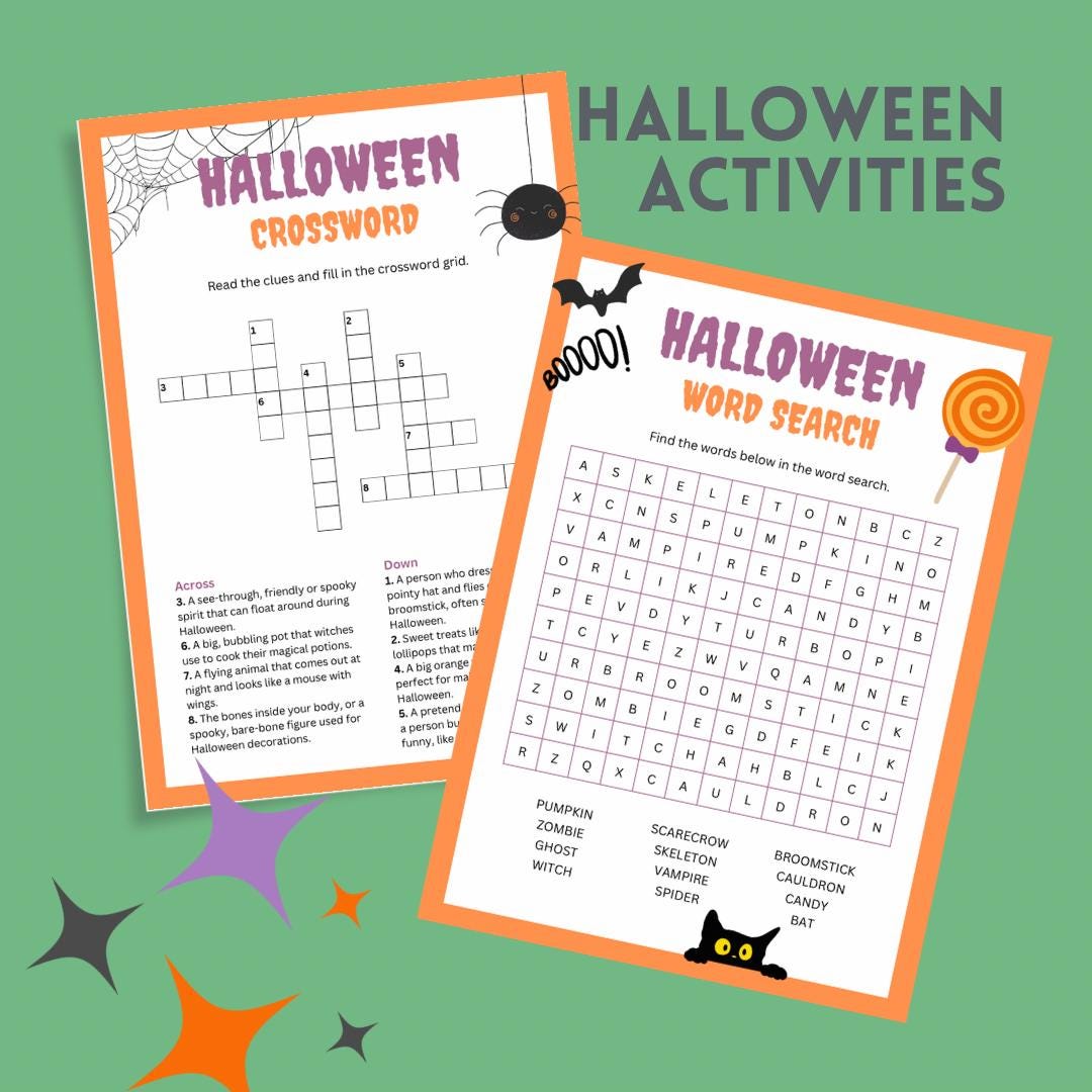 Halloween Word Search and Crossword Puzzle, Holiday Games, Halloween ...
