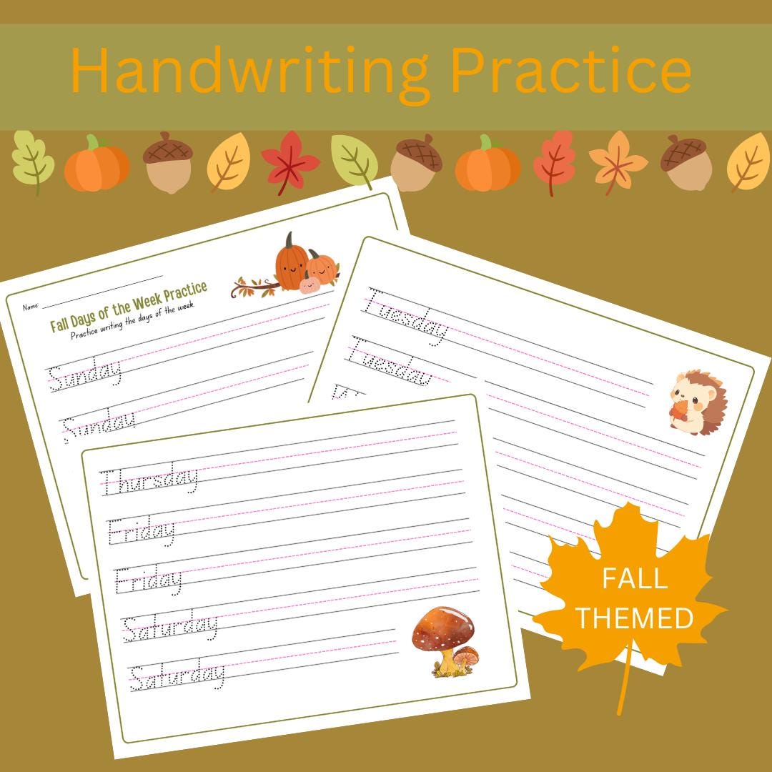 Fall Themed Handwriting Practice, Handwriting Worksheet, Days of the ...