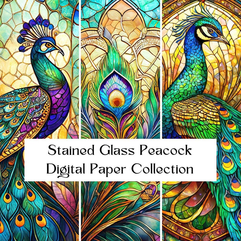 Stained Glass Peacock Digital Paper: Scrapbook & Junk Journal (digital ...