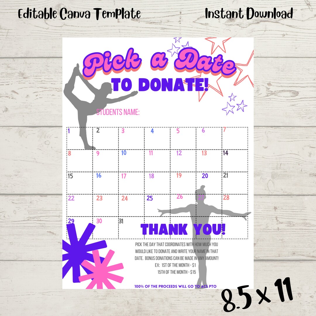 Canva Editable Template Pay a Day Fundraiser Calendar PTO Gymnastics ...