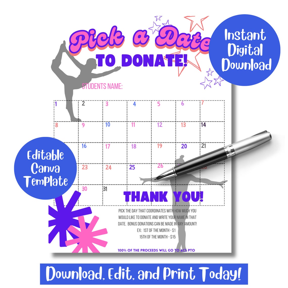 Canva Editable Template Pay a Day Fundraiser Calendar PTO Gymnastics ...