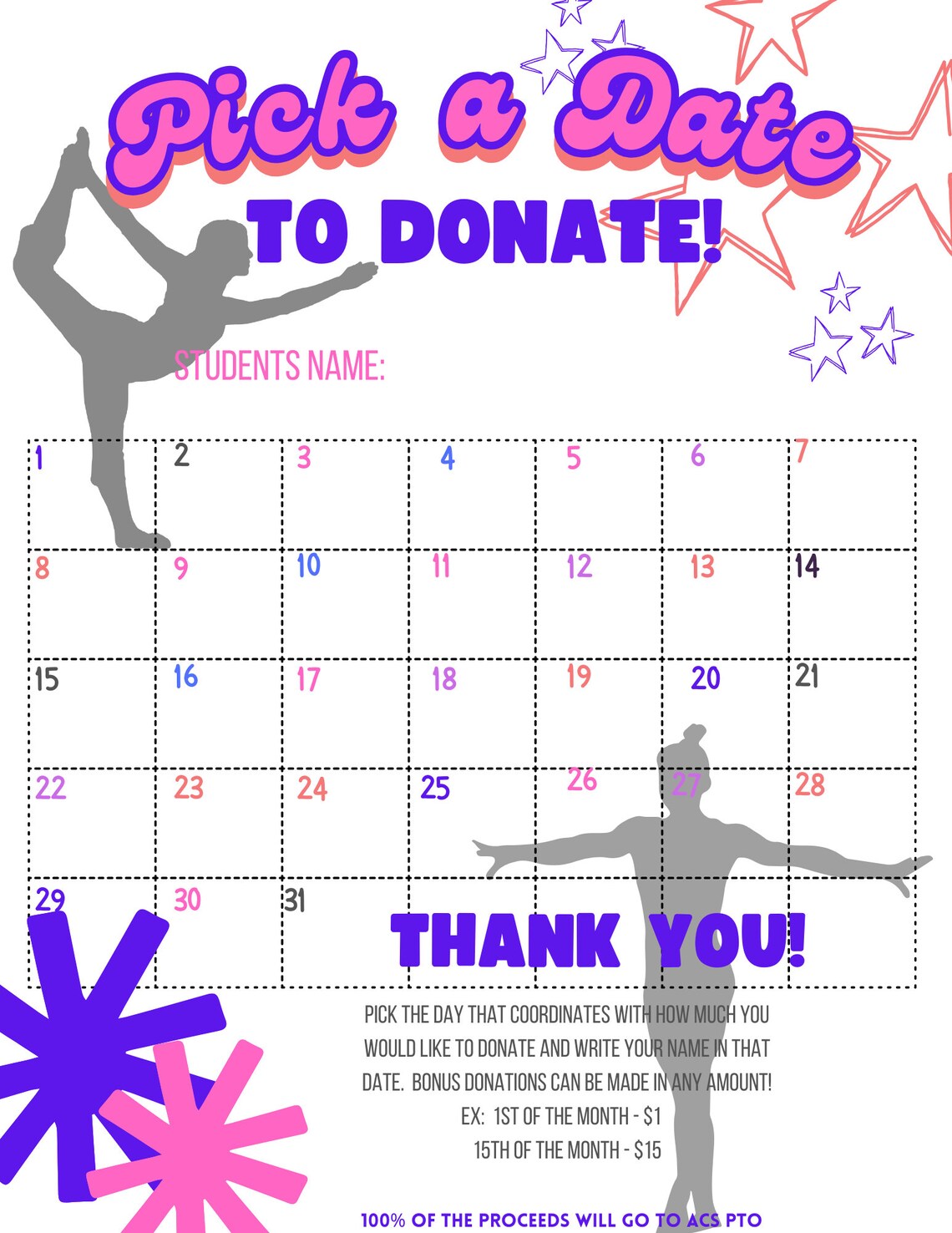 Canva Editable Template Pay a Day Fundraiser Calendar PTO Gymnastics ...