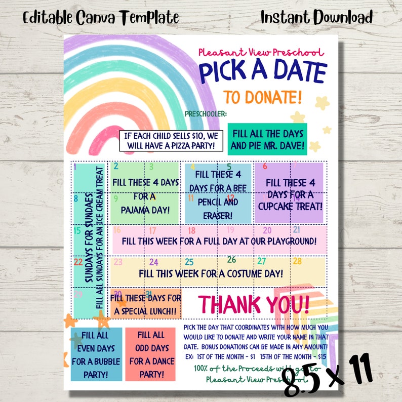 Pay a Day Calendar With Incentives Editable Canva Template PTA PTO ...