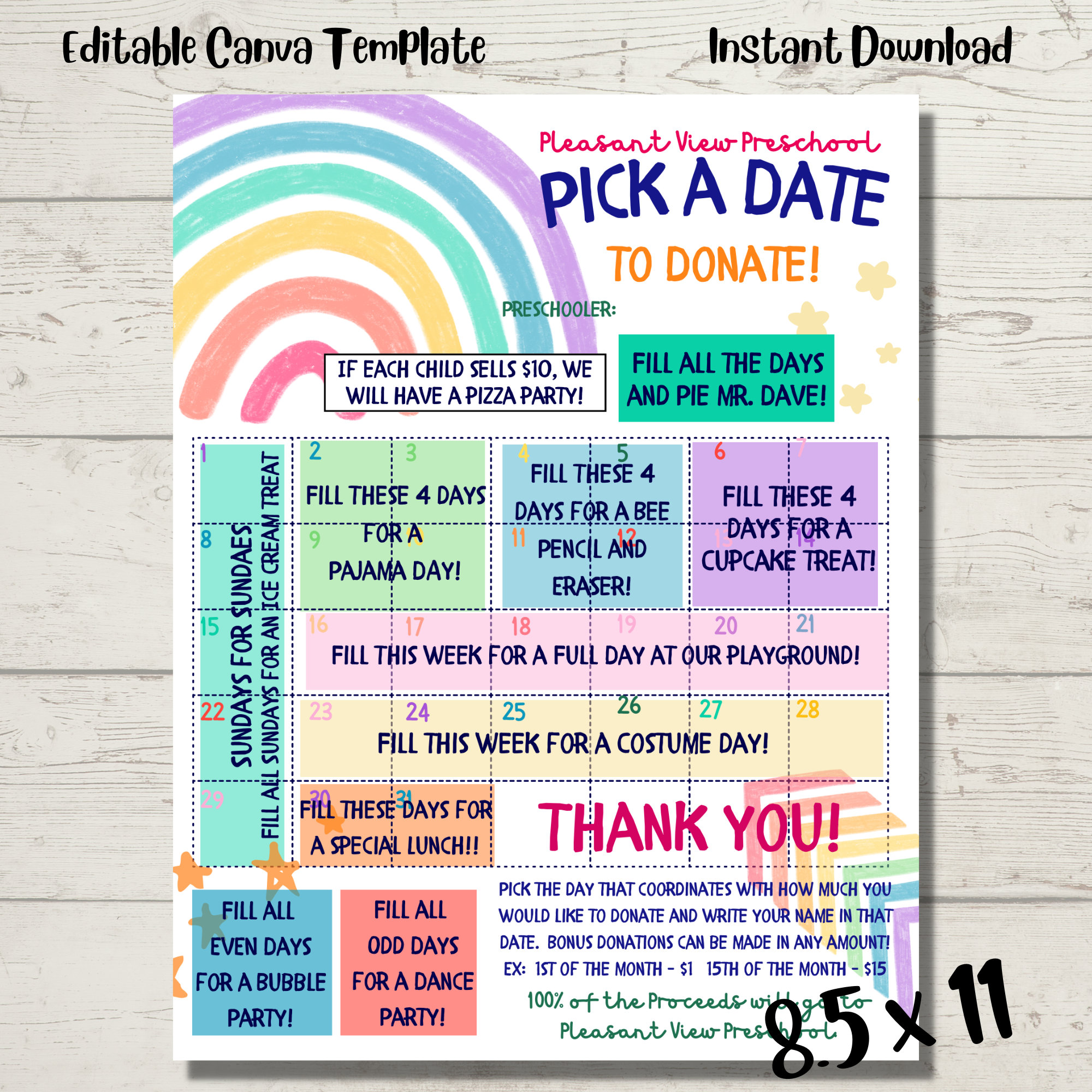 Pay a Day Calendar With Incentives Editable Canva Template PTA PTO ...