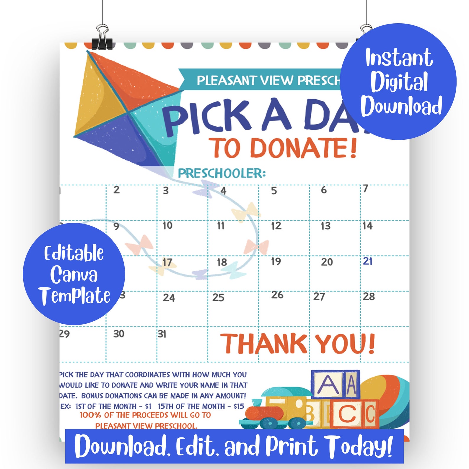 Pay a Day Fundraiser Spring Toys Calendar Pto School Preschool ...