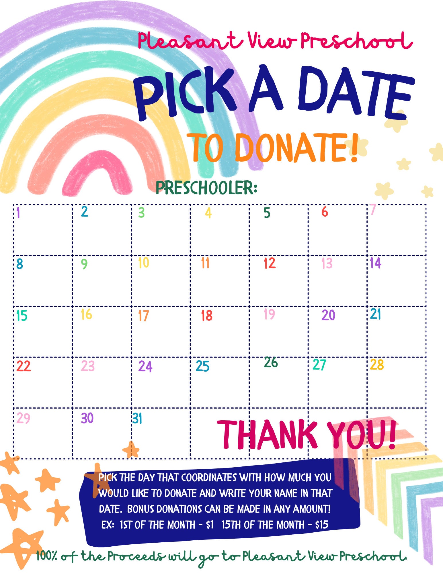 Pay a Day Fundraiser Spring Calendar Pto School Preschool Athletics Pta ...