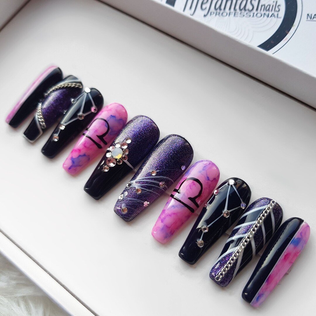 Libra Zodiac Sign Press on Nails, Black Long Stiletto Nails, Gel False ...