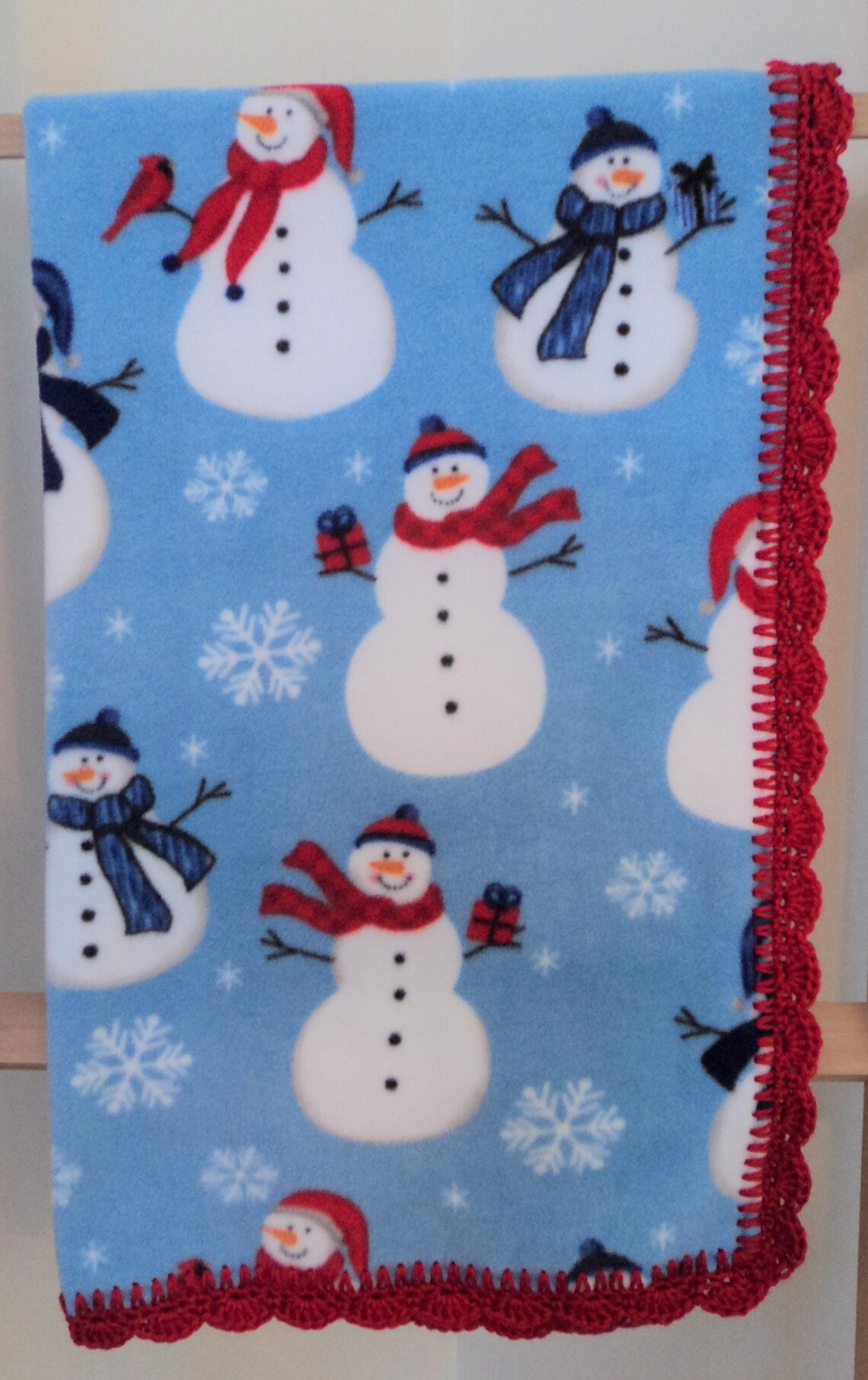 Snowmen With Gifts Baby / Toddler Fleece Blanket With Red Crochet ...
