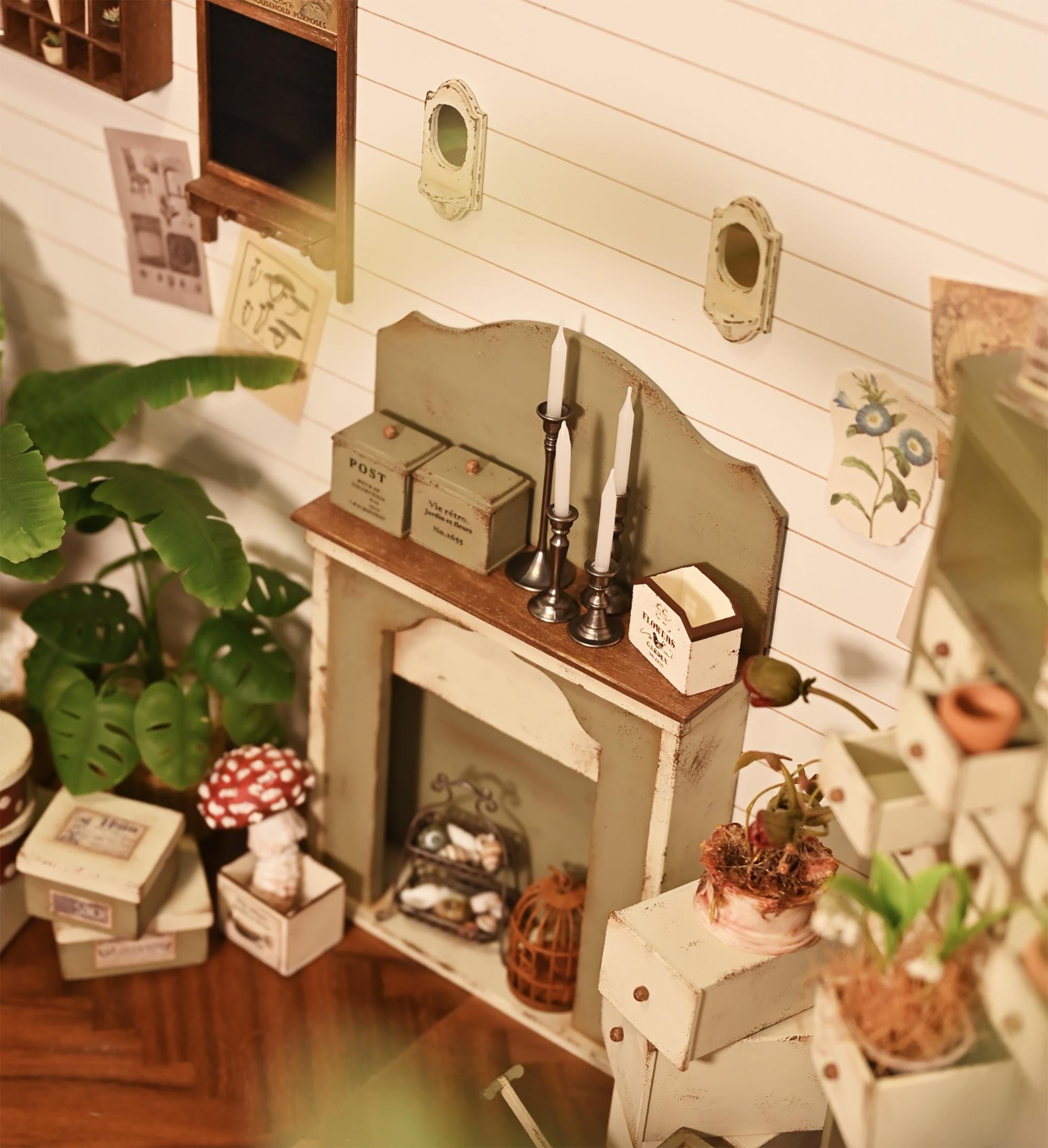 1:6 Scale Dollhouse Fireplace Mantel Rustic Green Cream Victorian Style ...